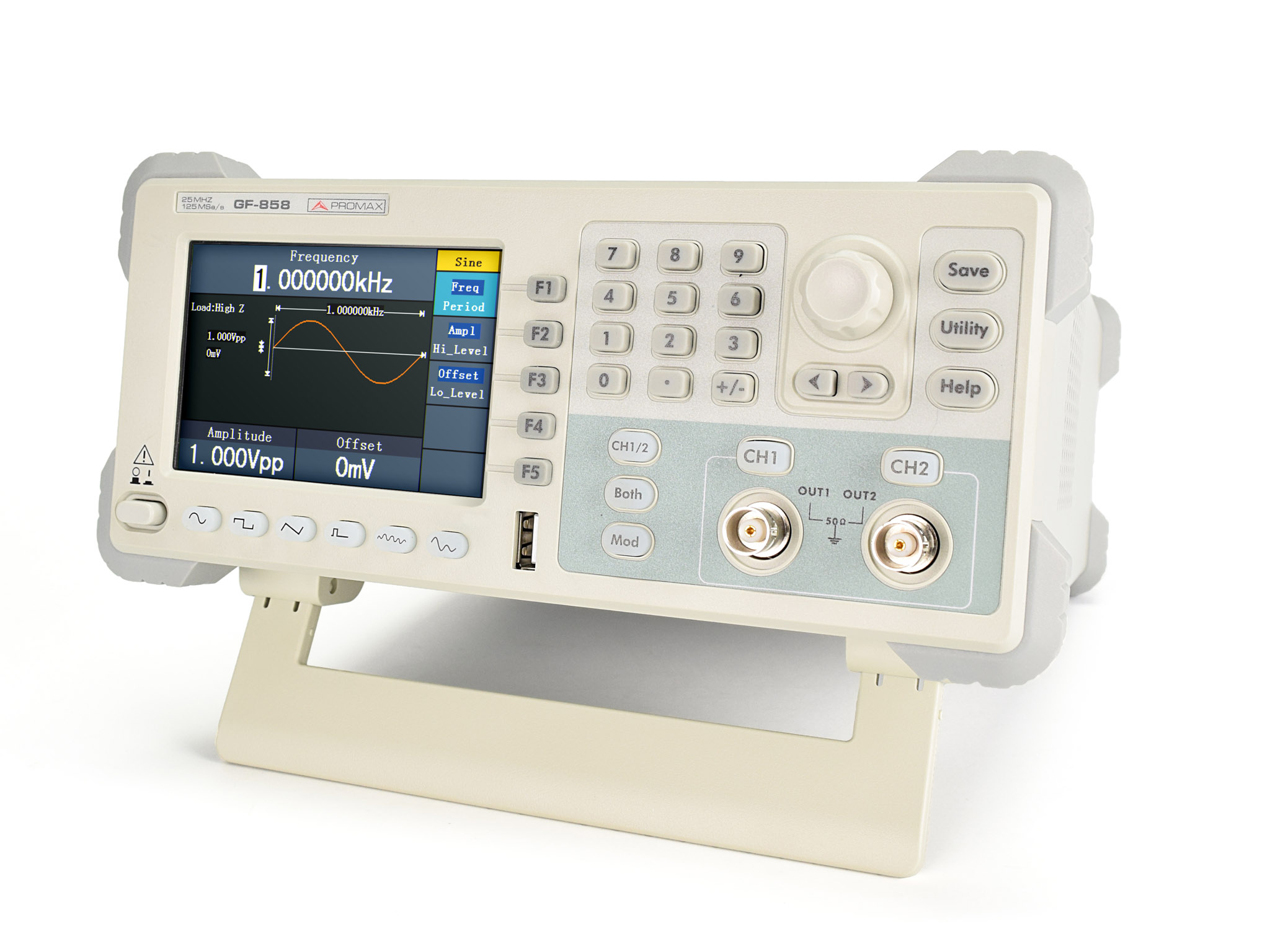 GF-858: Generador de funciones arbitrario doble de 25 MHz con USB | PROMAX